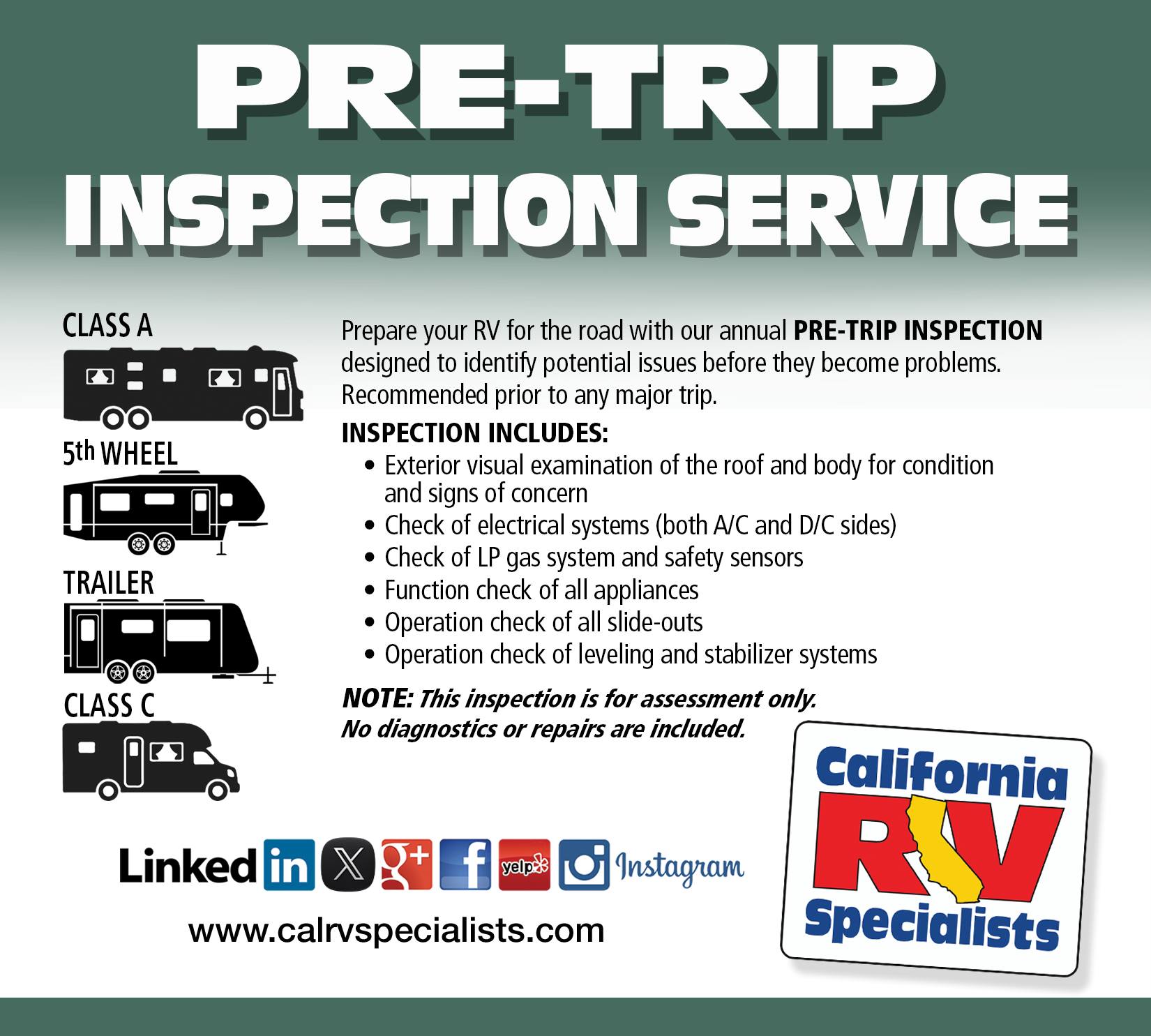 RV Pre-Trip Inspection Service - California RV Specialists